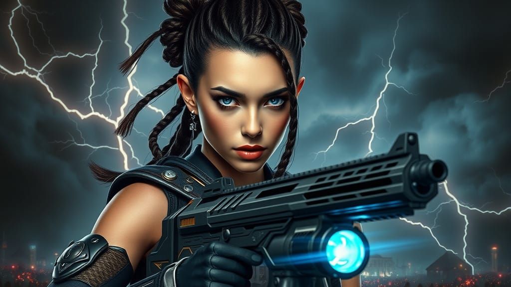 Dramatic Female Warrior in Hyperrealistic Cyberpun... - AI Art