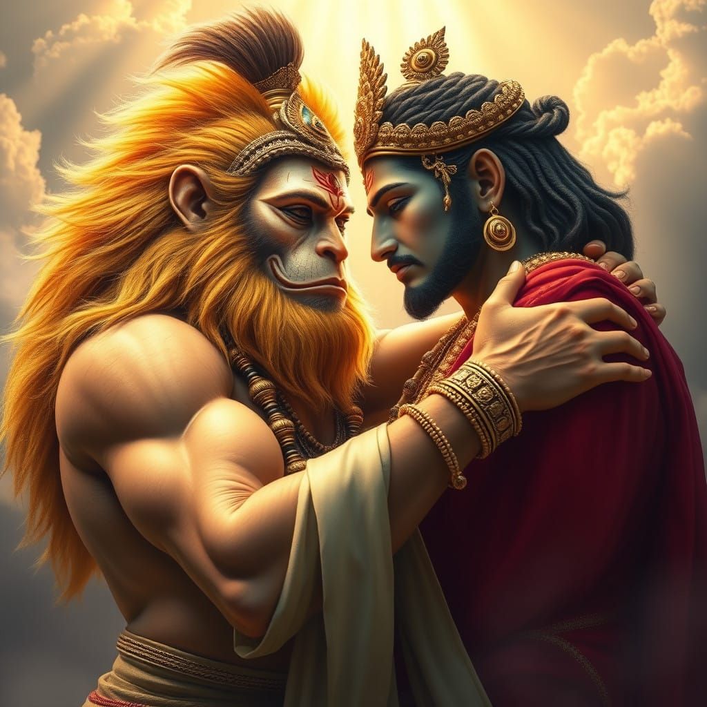 Hanuman and Rama embracing: Lord Rama got up and embraced Hanuman ji ...