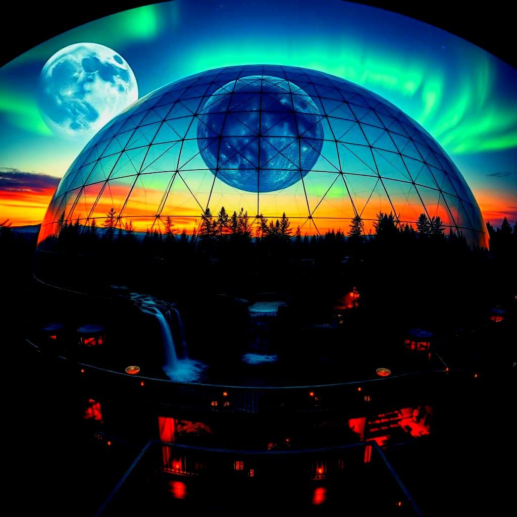 Surreal Glass Dome Cityscape Under Full Moon - AI Art