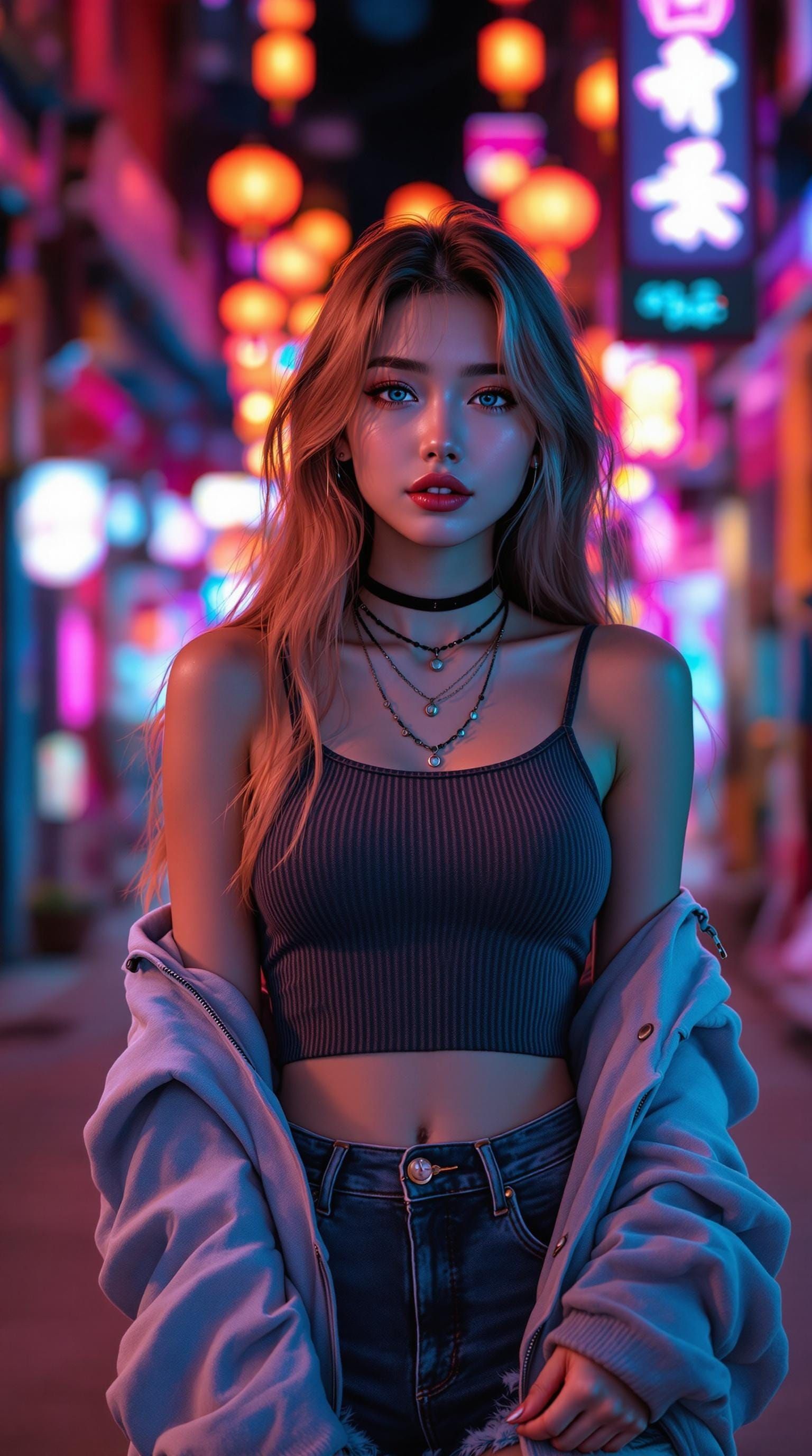Midnight Ember - Hyperrealistic Asian Woman in Neon-Lit Stre...