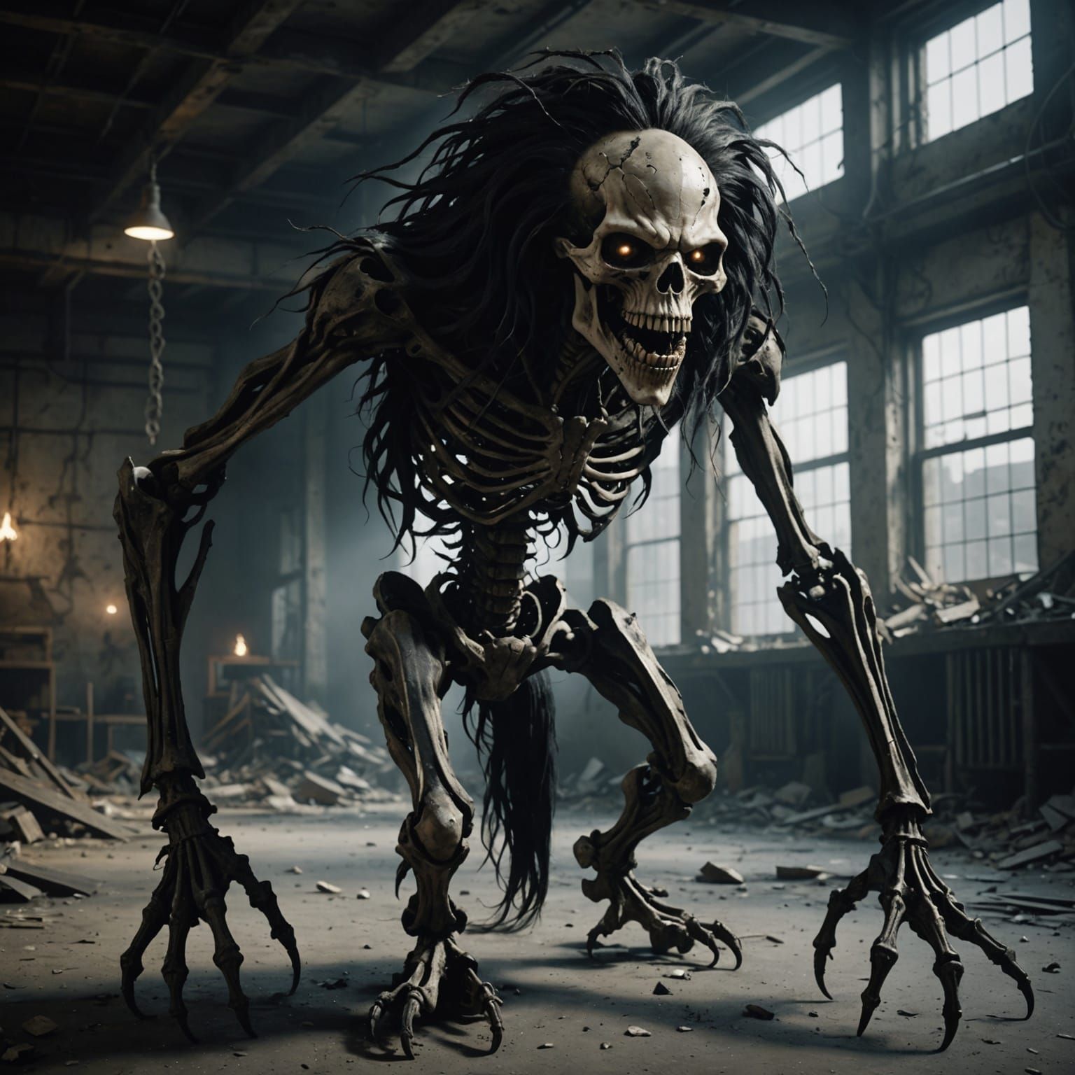 Skeletal Horror in Dark Industrial Landscape - AI Art