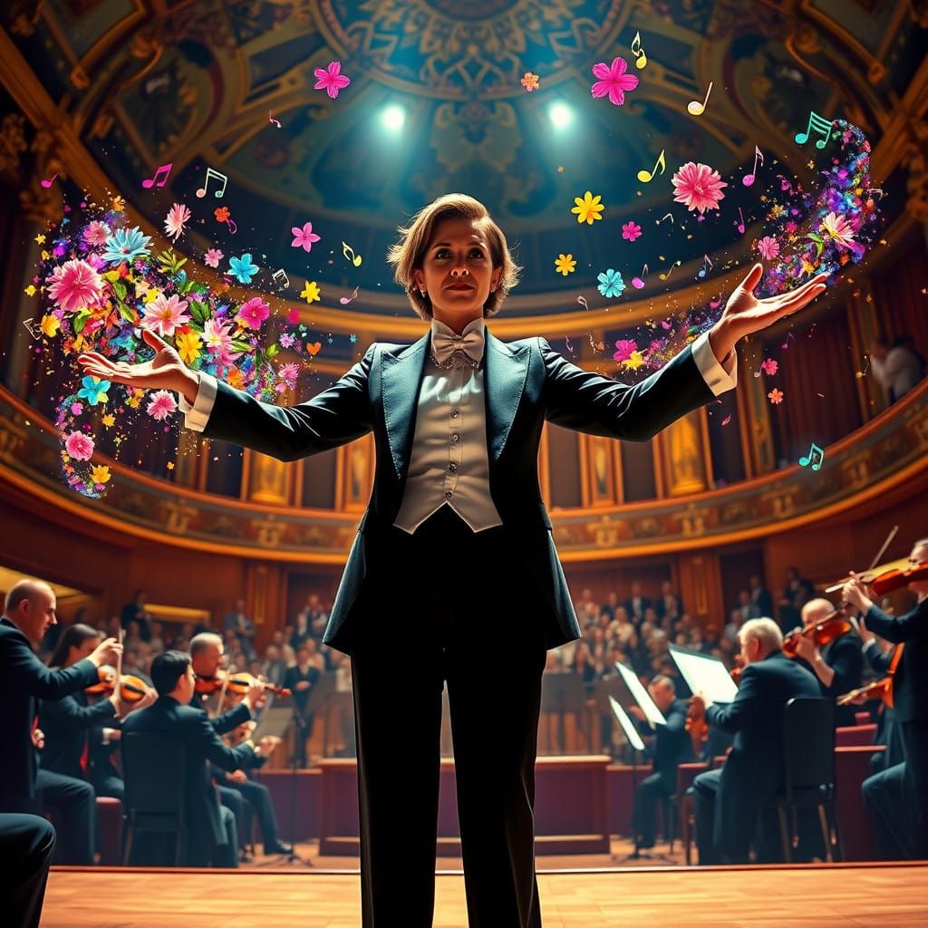 A wonderful orchestra playing in a concert hall. The female conductor ...