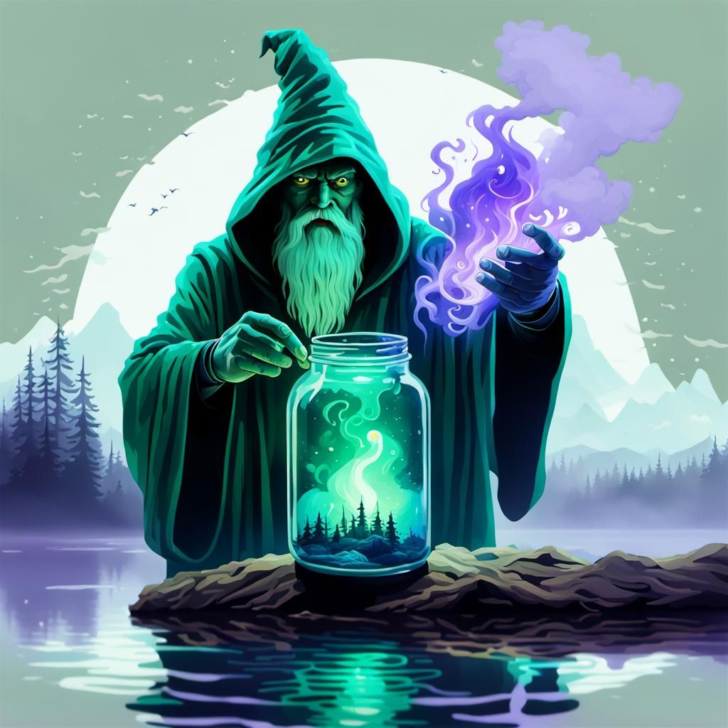 a wizard, a jar in the hands of a wizard, in Jars is forest green lake ...
