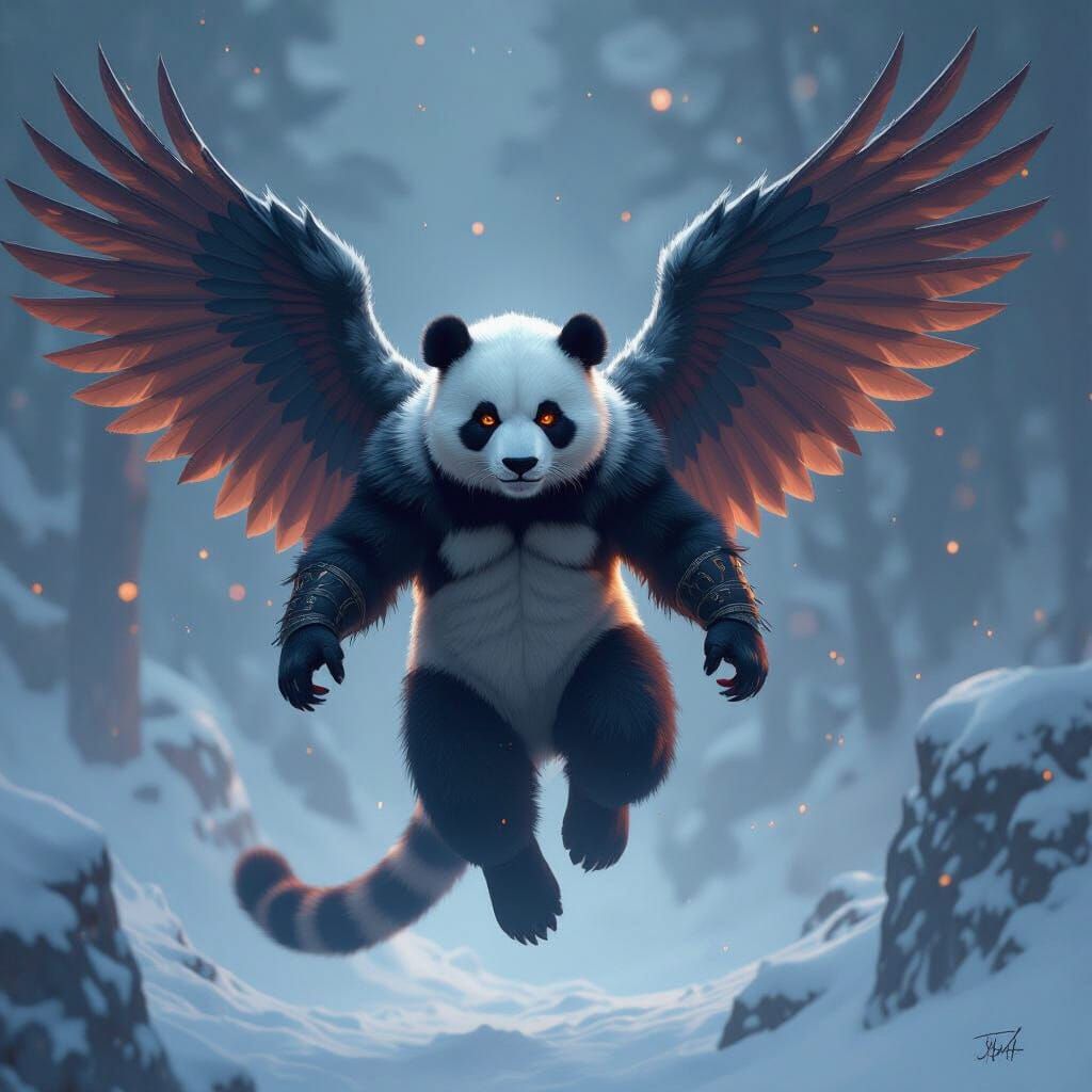 Muscled Winged Panda Creature in Dark Fantasy Styl... - AI Art