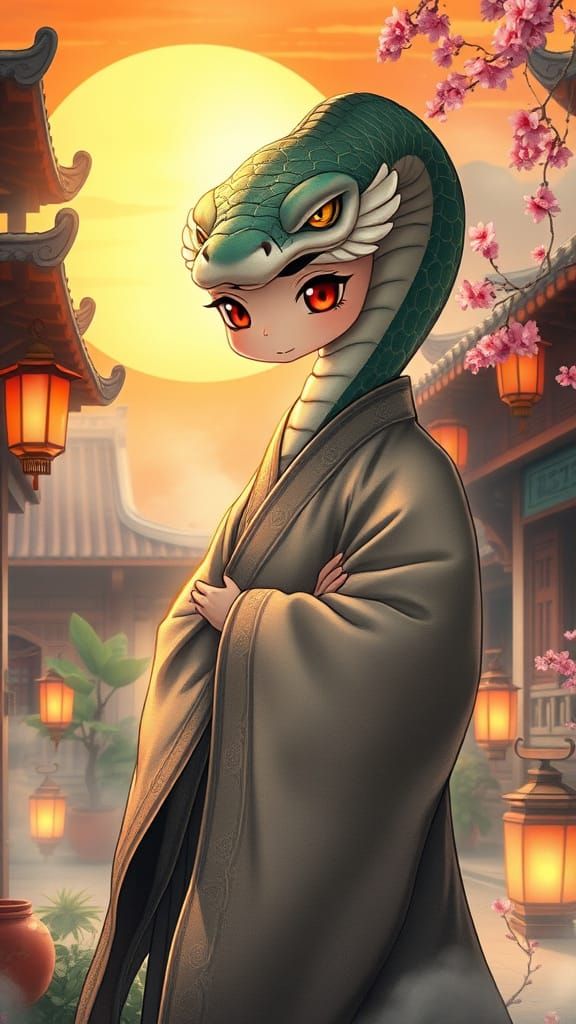 A snake with monk attire, masterpiece best quality, cute, chinese ...
