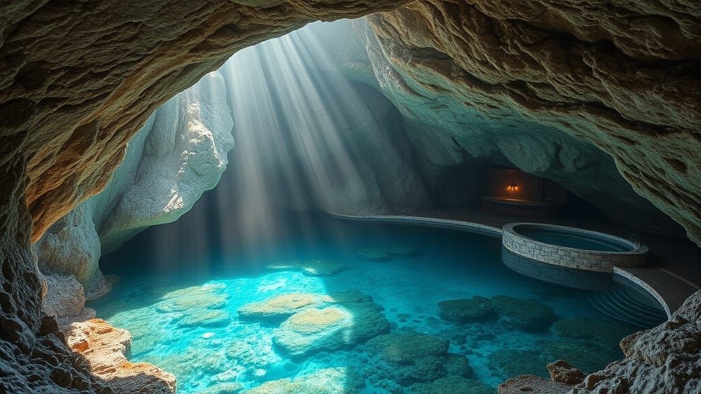 Mystical Cave Oasis with Turquoise Hot Spring Wate... - AI Art