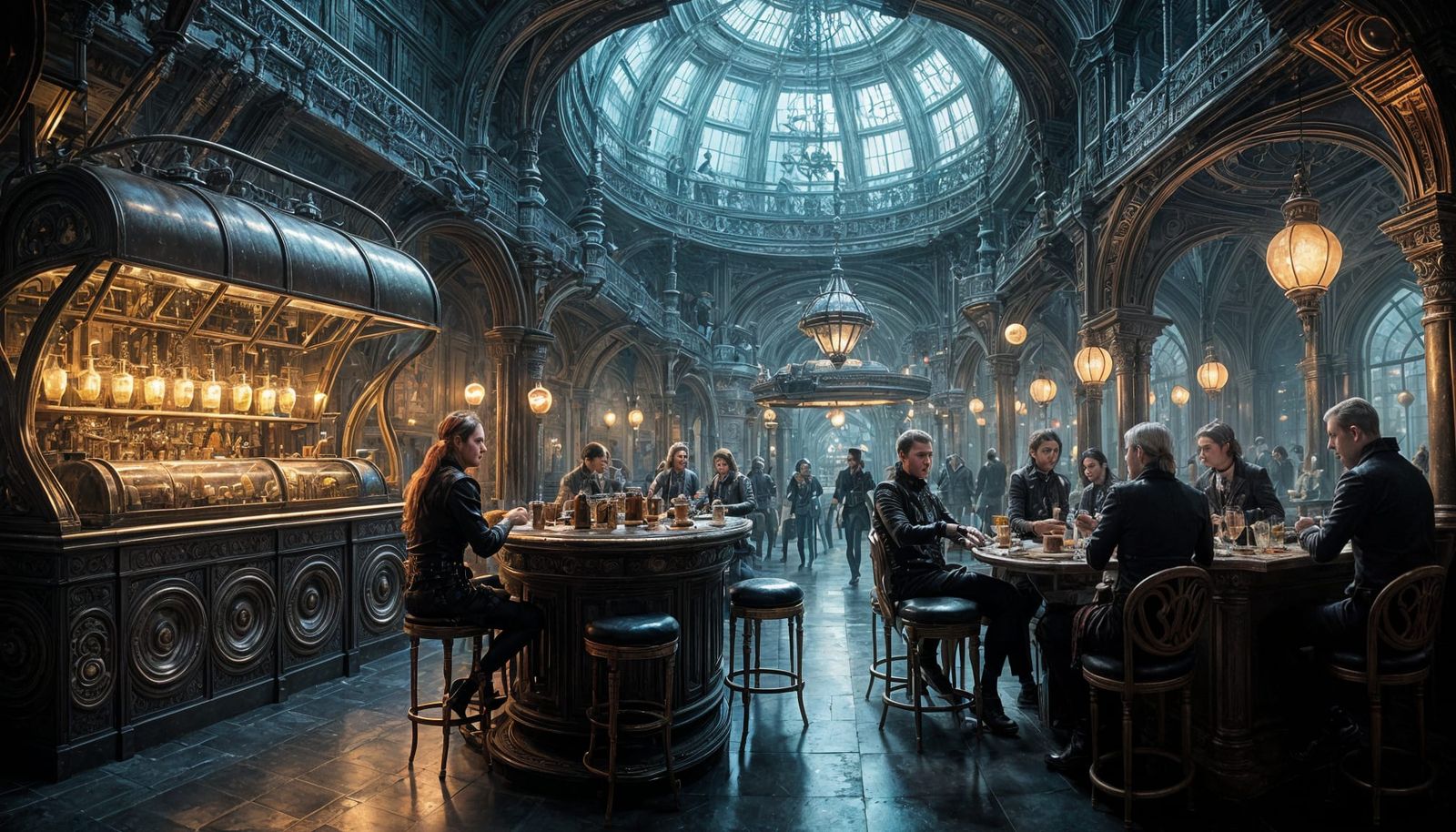 Good Morning scene - Whimsical Steampunk Bistro at Dawn