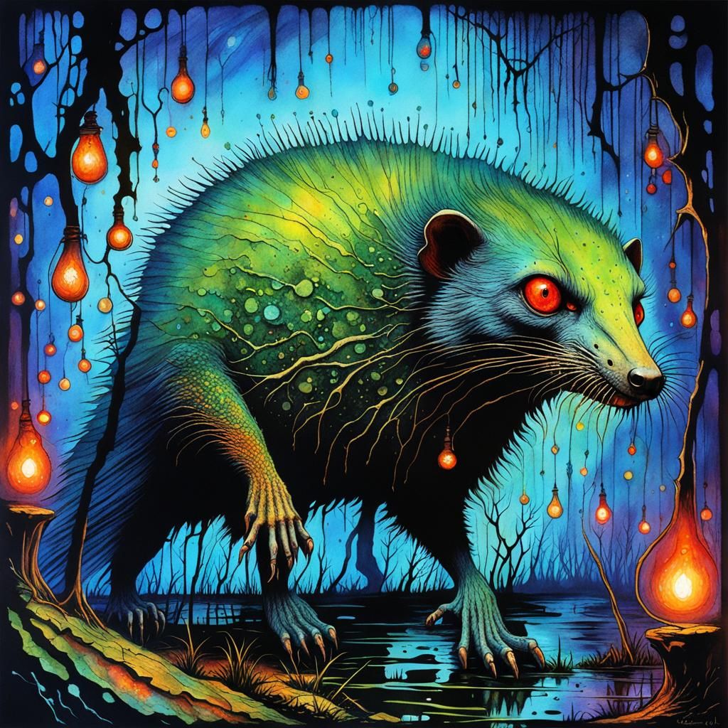 MONGOOSE monster, MIASMAL swamp, scary fairy lights, DETAILED, splash ...