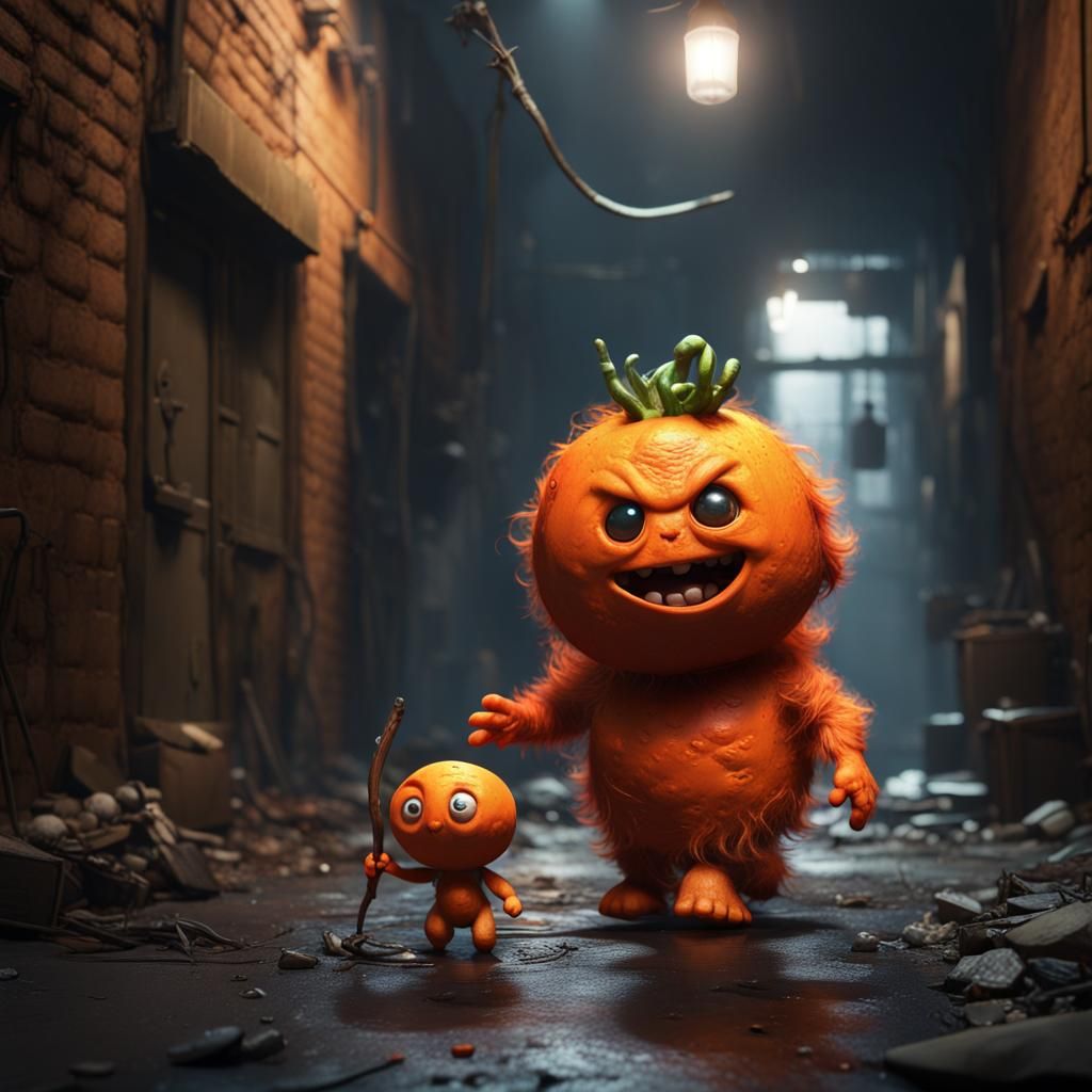 a cute little fluffy orange, attacks a horrible vegetable in a dark ...