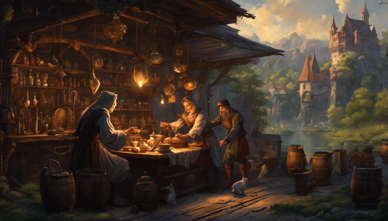 medieval alchemist and apprentice in outdoor? laboratory - AI Generated ...