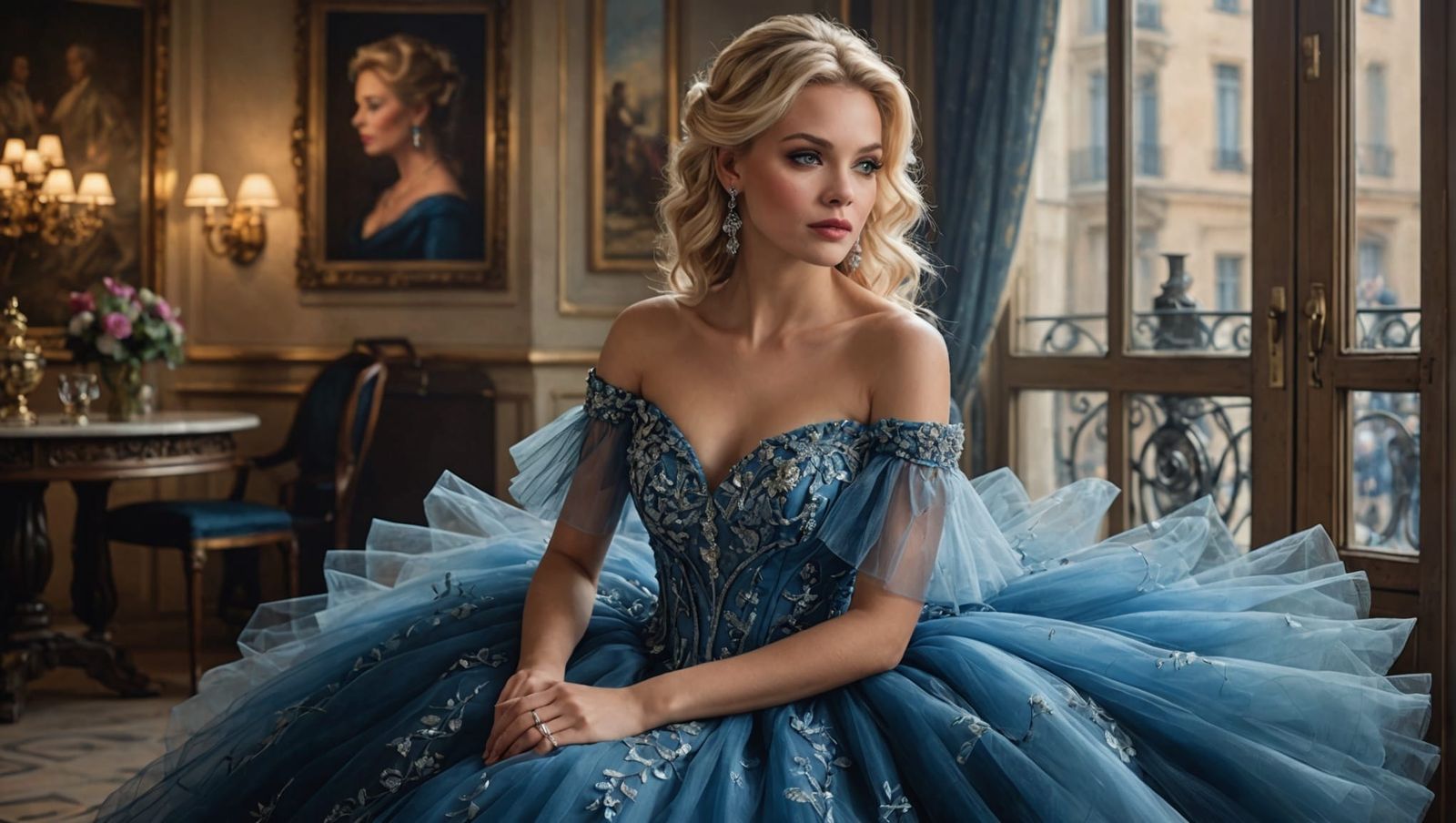 Stunningly beautiful blonde in an extravagant off the shoulder tulle ...