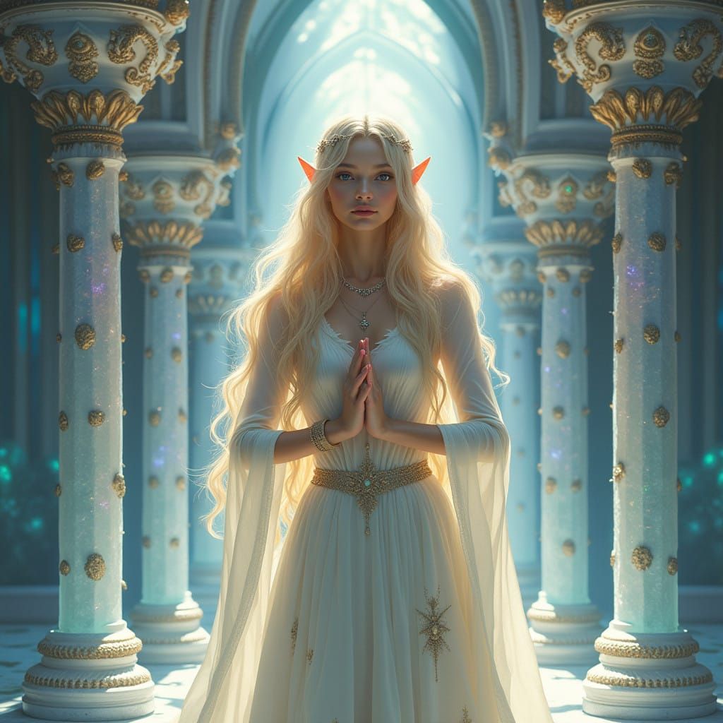 Ethereal Elf Priestess in Crystal Cathedral - AI Art
