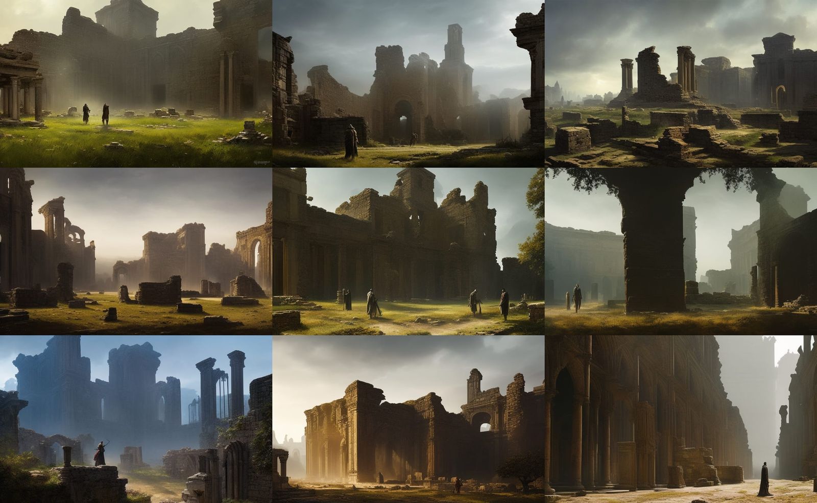 A man fading into dust, medieval fantasy, ancient ruins, painting by ...