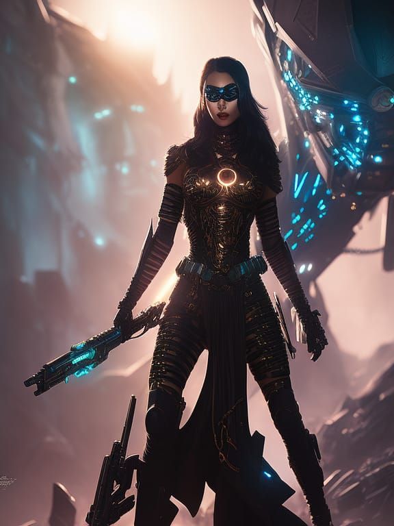 Artgerm, WLOP, Greg Rutkowski; Beautiful Space Cyber Pirate Girl, dark ...