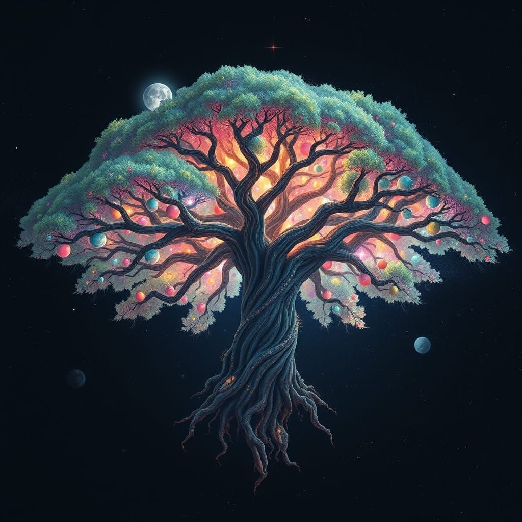 A colossal, sentient tree floating through deep space