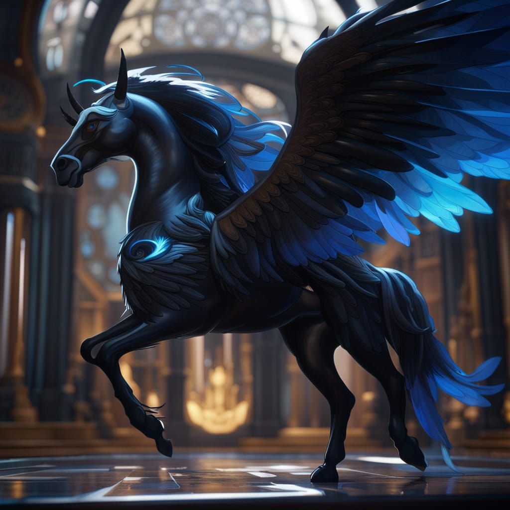 A black pegasus with blue tipped wings - AI Generated Artwork ...