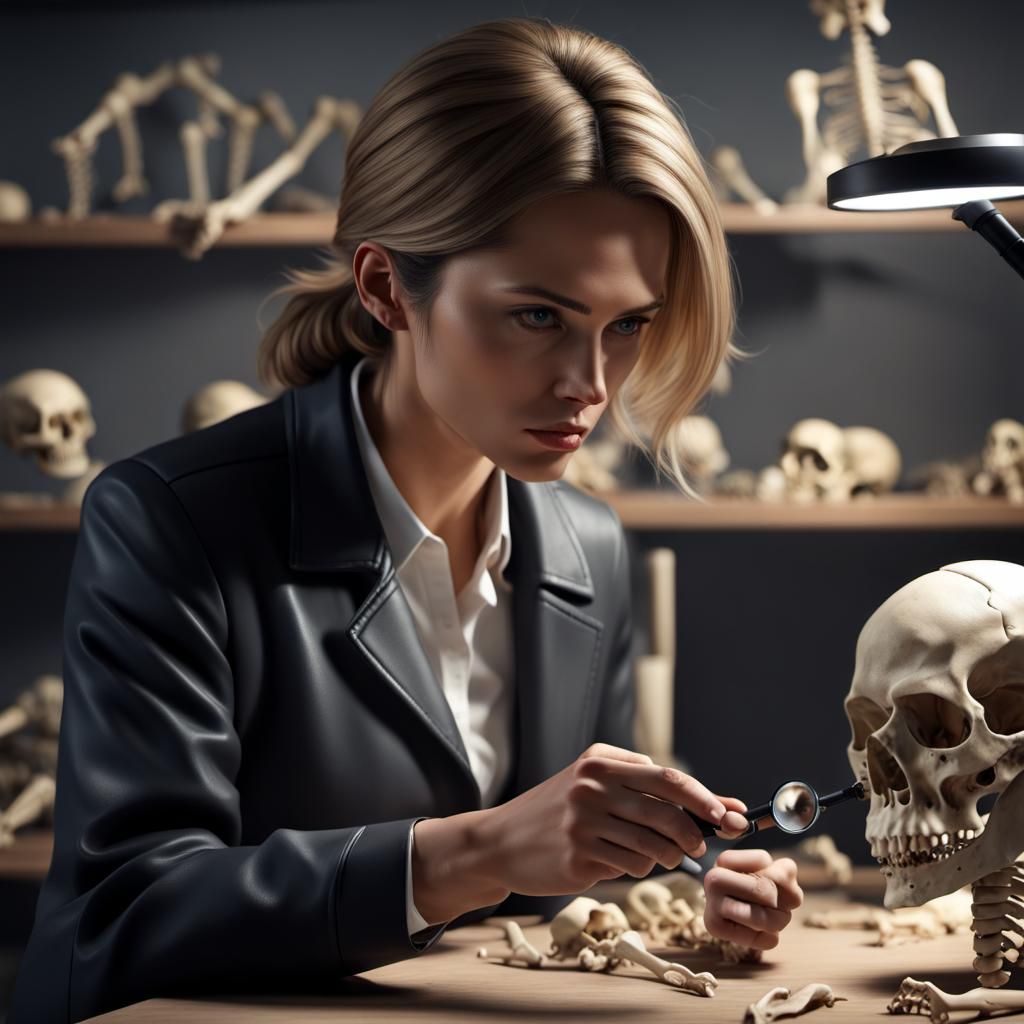 8k realistic, female detective inspecting human bones with a magnifying ...
