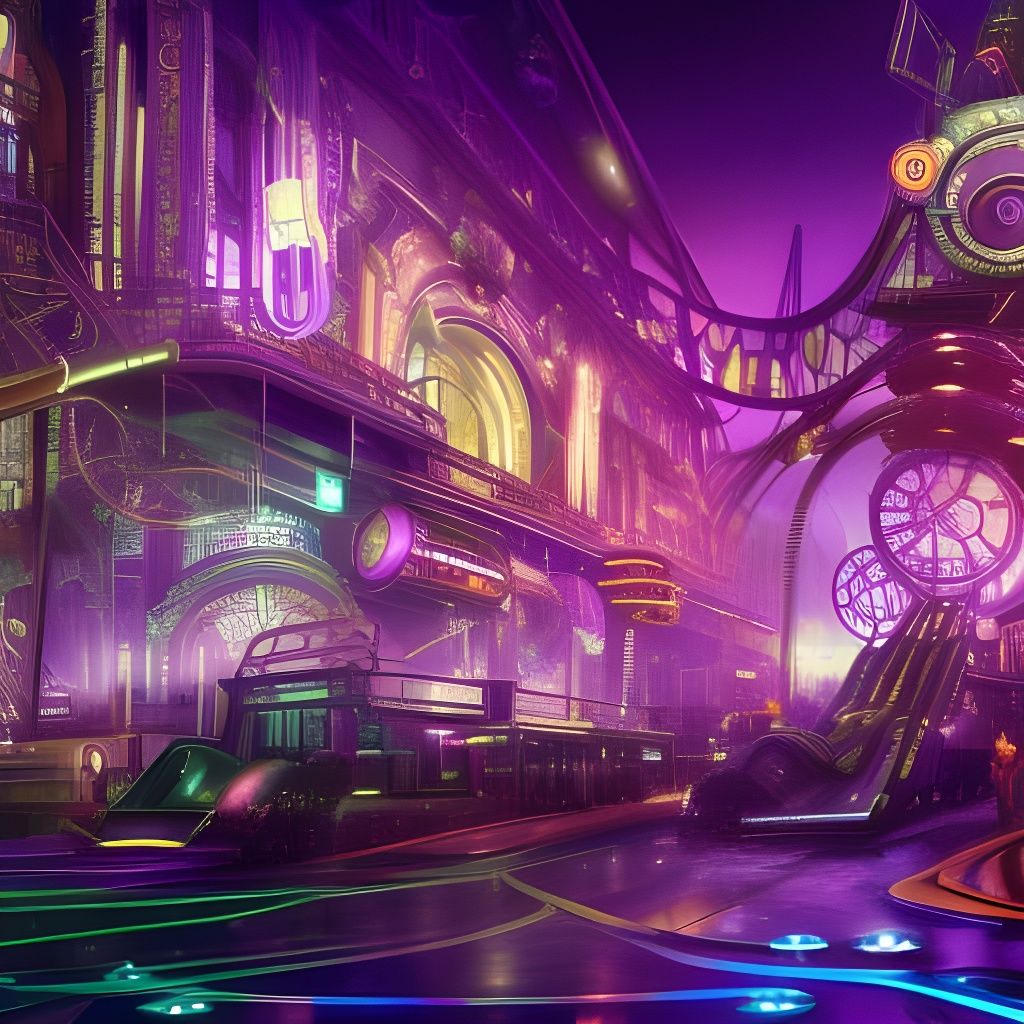 porple steam punk roller coaster in the middle of a fantasy city, neon ...