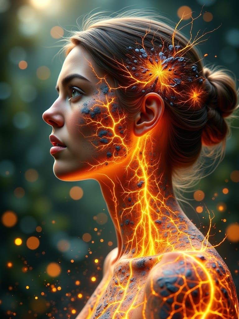 Neural - Ethereal Woman in Glowing Holographic Rune Tattoos