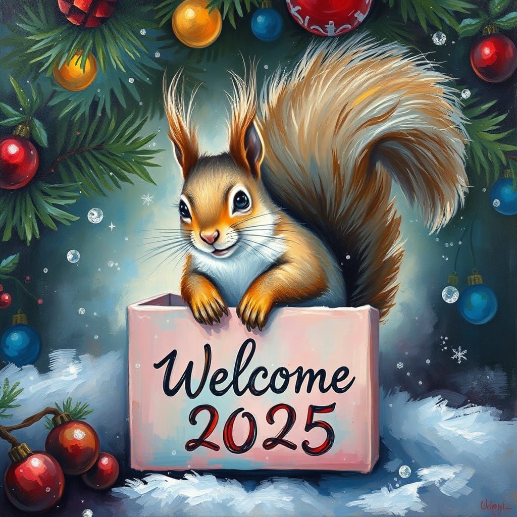 Squirrel with a Sign "Welcome 2025"