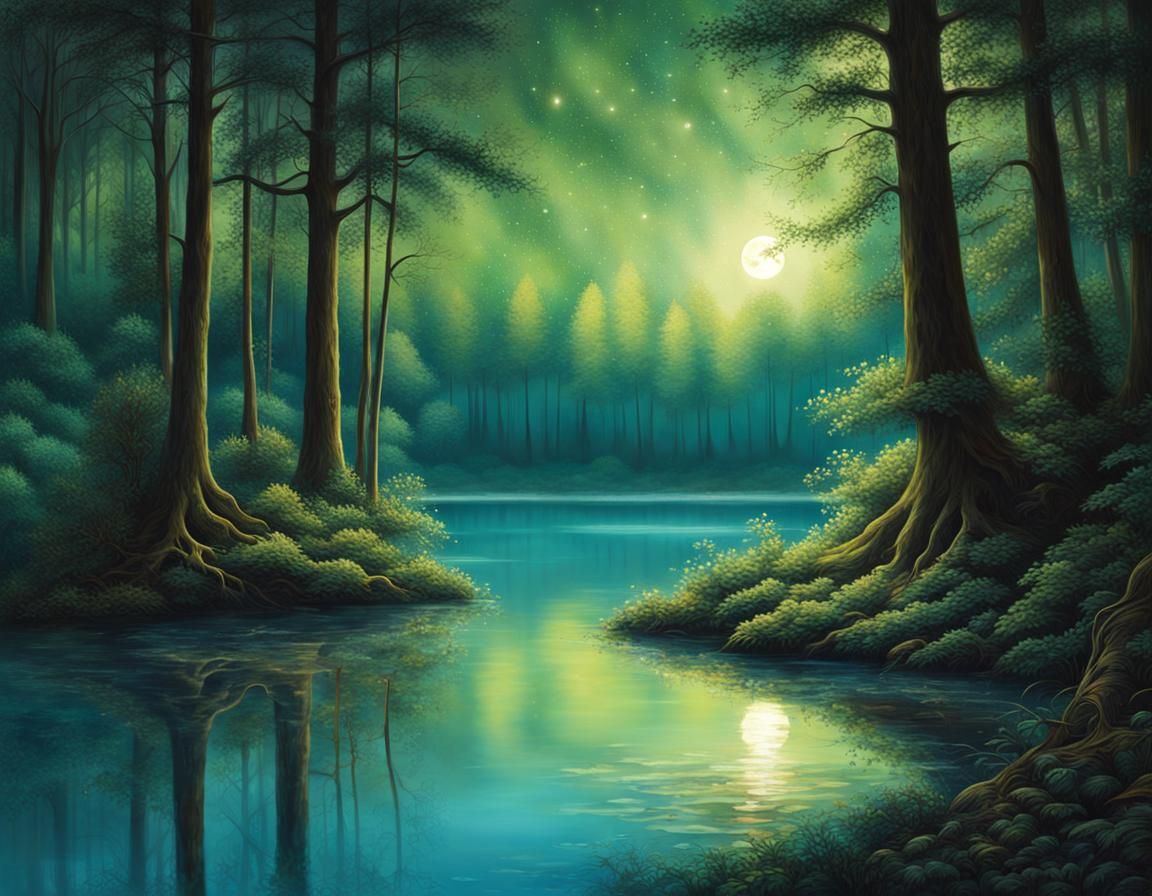 Paint a vivid scene as you navigate through a dense forest, where a ...