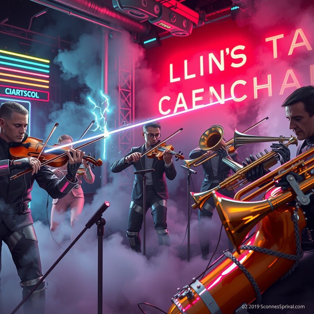 Photorealistic picture of a Cyberpunk orchestra. Neon signs dripped ...