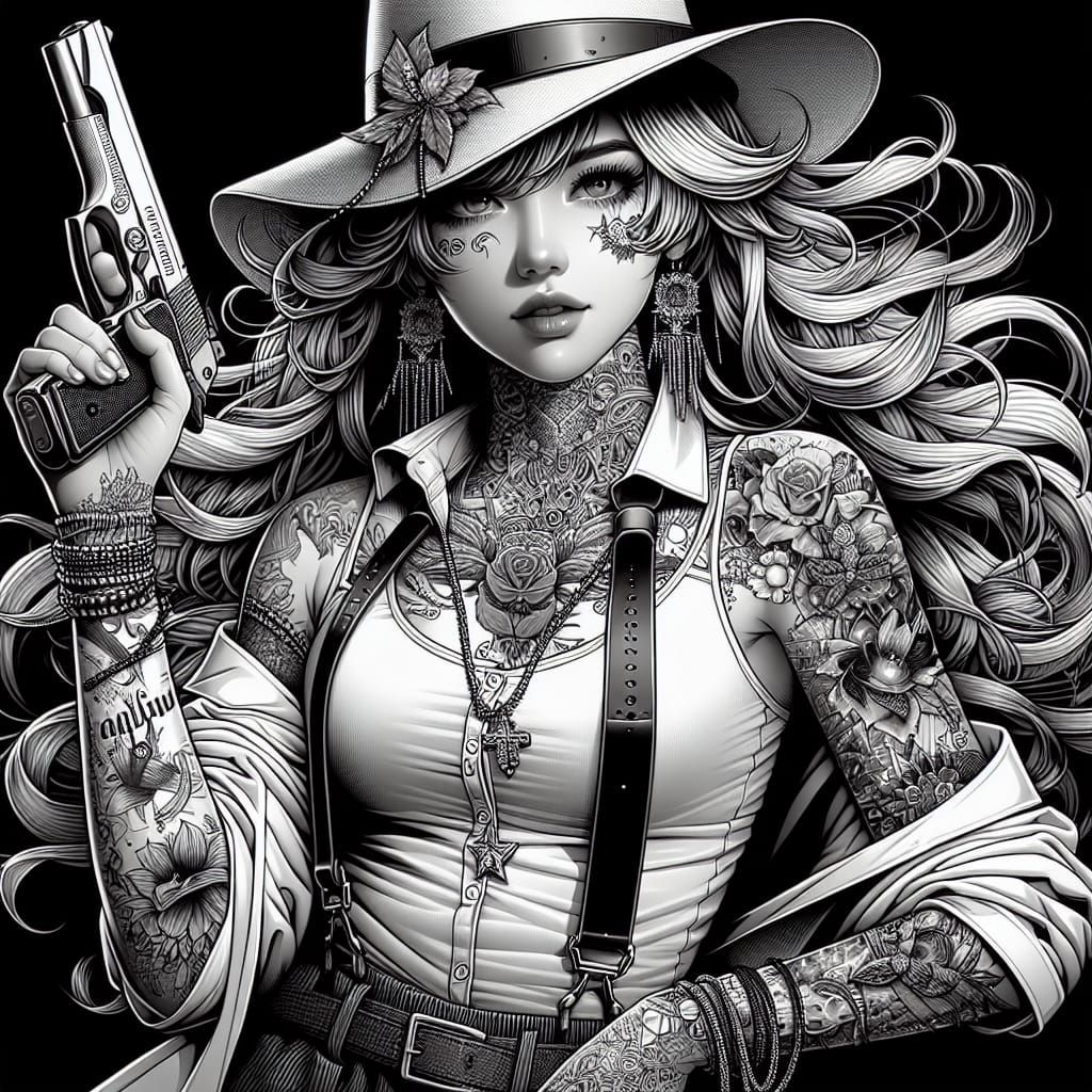 Beautiful Tattooed Snow White Gangsta portrait pose pistol hyperdetailed intricately detailed 8k ...