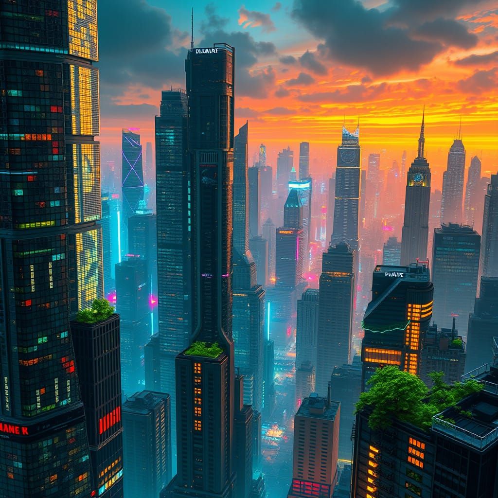 neon A cityscape covered in solar panels and rooftop gardens.