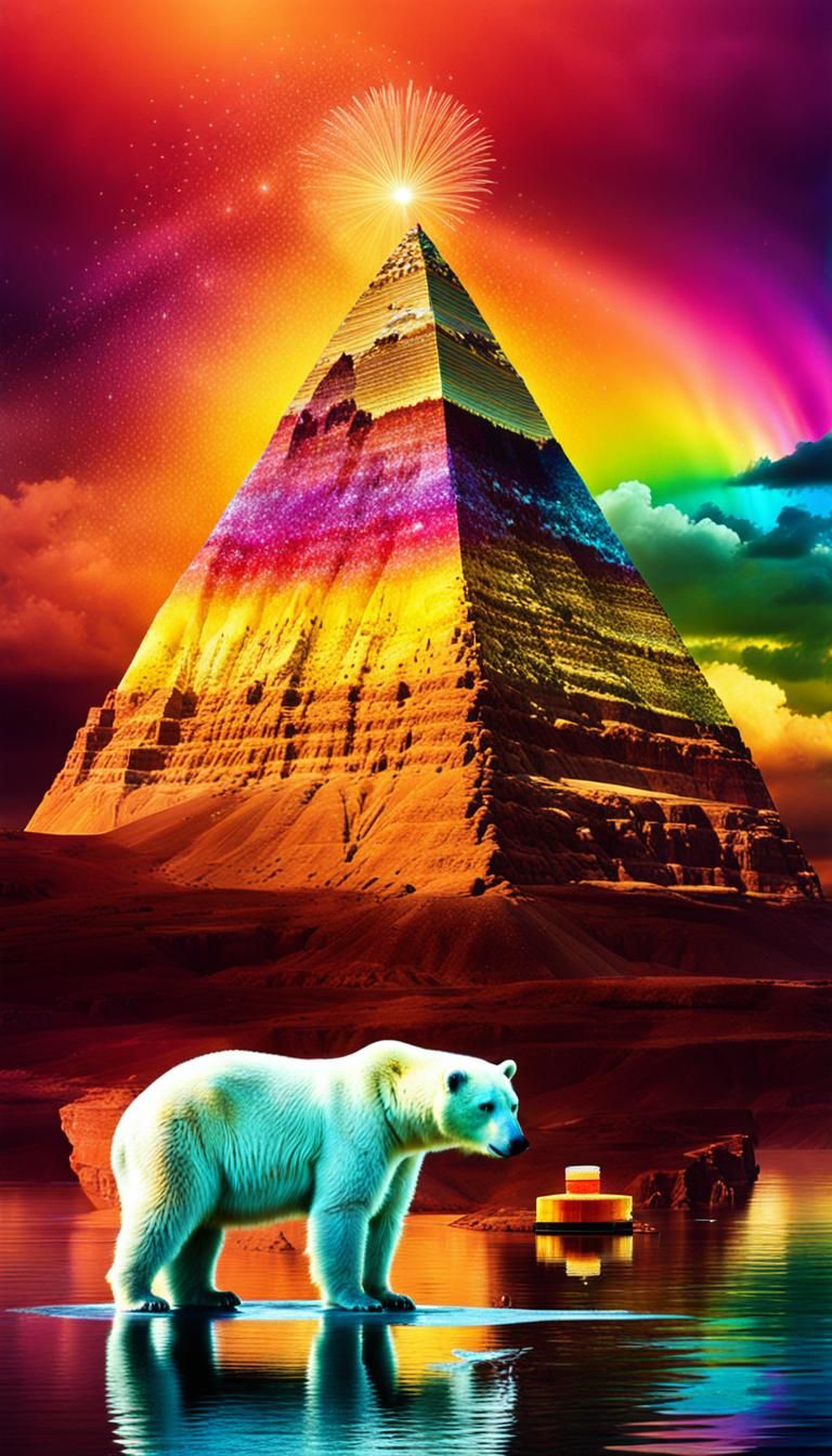 Incredible rainbow-hued pyramid with hyperdetailed polar bear drinking ...