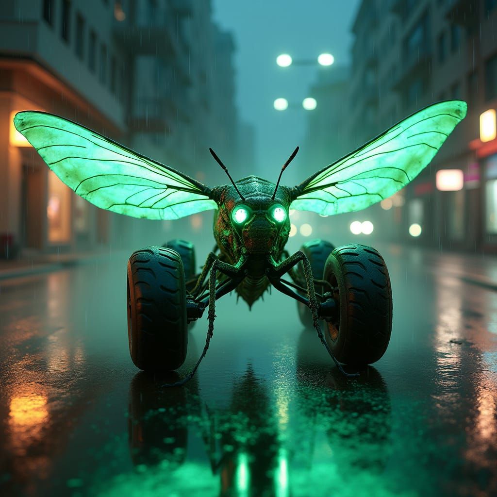 Glowing Locust Zooms Down Futuristic Street - AI Art