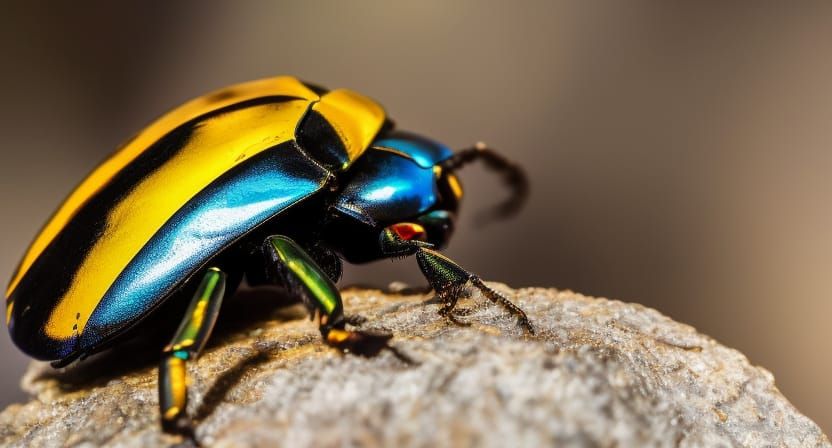 a close-up wide angle photograph of a colorful scarab beetle , full ...