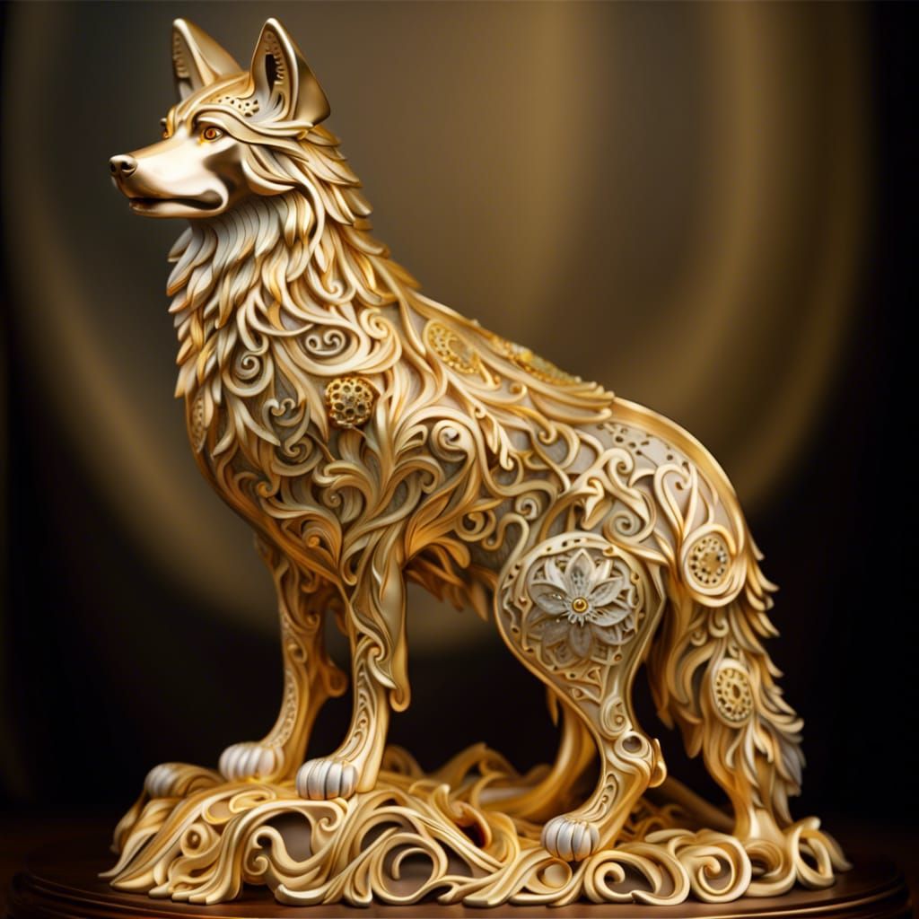 gorgeous wolf statue with gold filigree - AI Generated Artwork ...