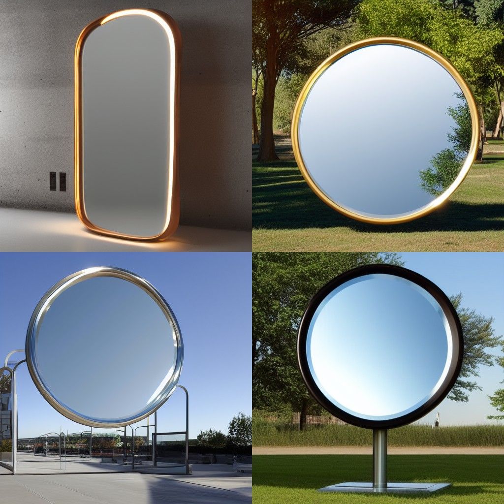 a giant mirror sitting in the sun; photorealistic, shiny, bright ...