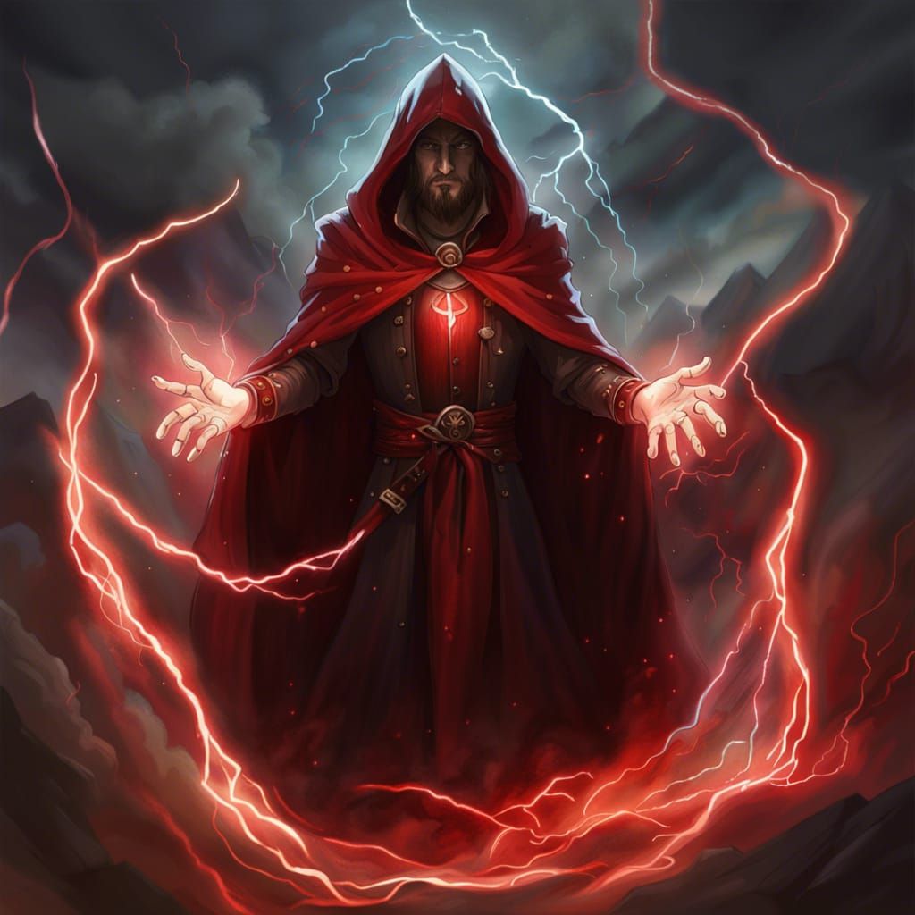 A powerful warlock, wearing a long dark hooded cloak, facing forward ...