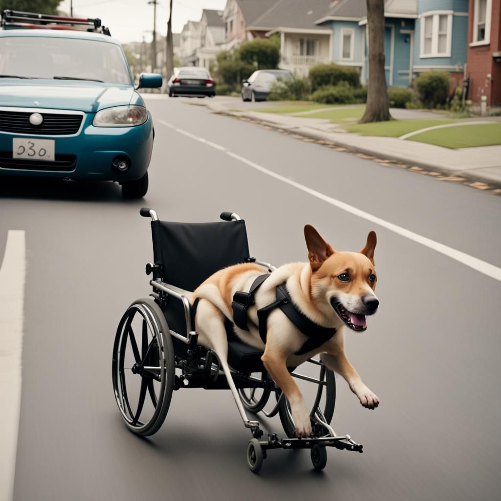 A cinematic scene of a legless dog in a souped-up wheelchair racing ...