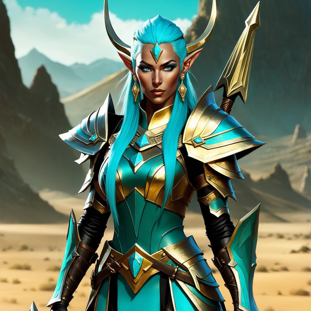 Turquoise & Gold Elf Warrior 2 - AI Generated Artwork - NightCafe Creator
