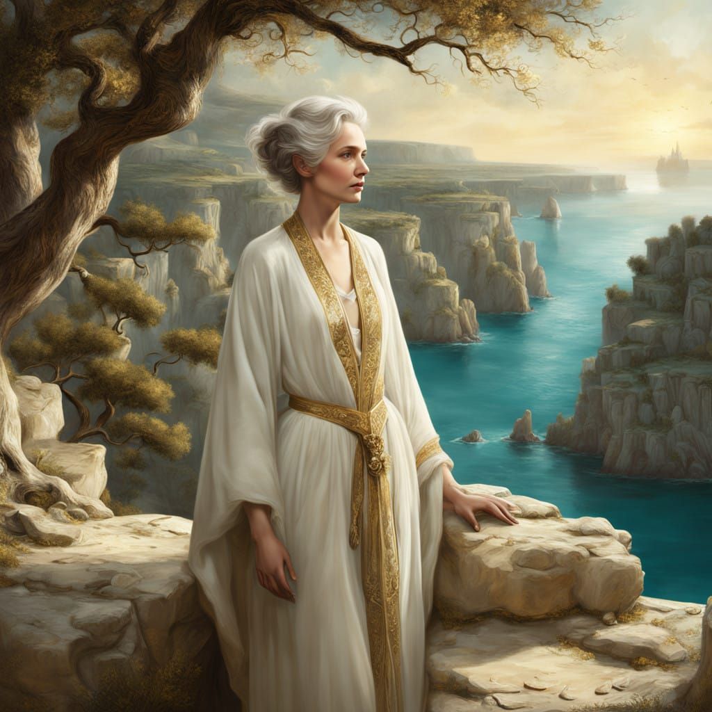 an older woman in the style of JEAN-LÉON GÉRÔME, in the sea