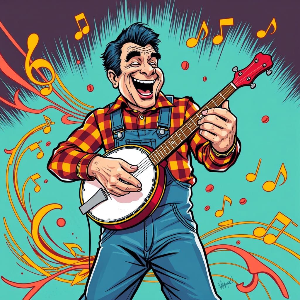 Vibrant Banjo Player in Exaggerated Plaid and Deni... - AI Art