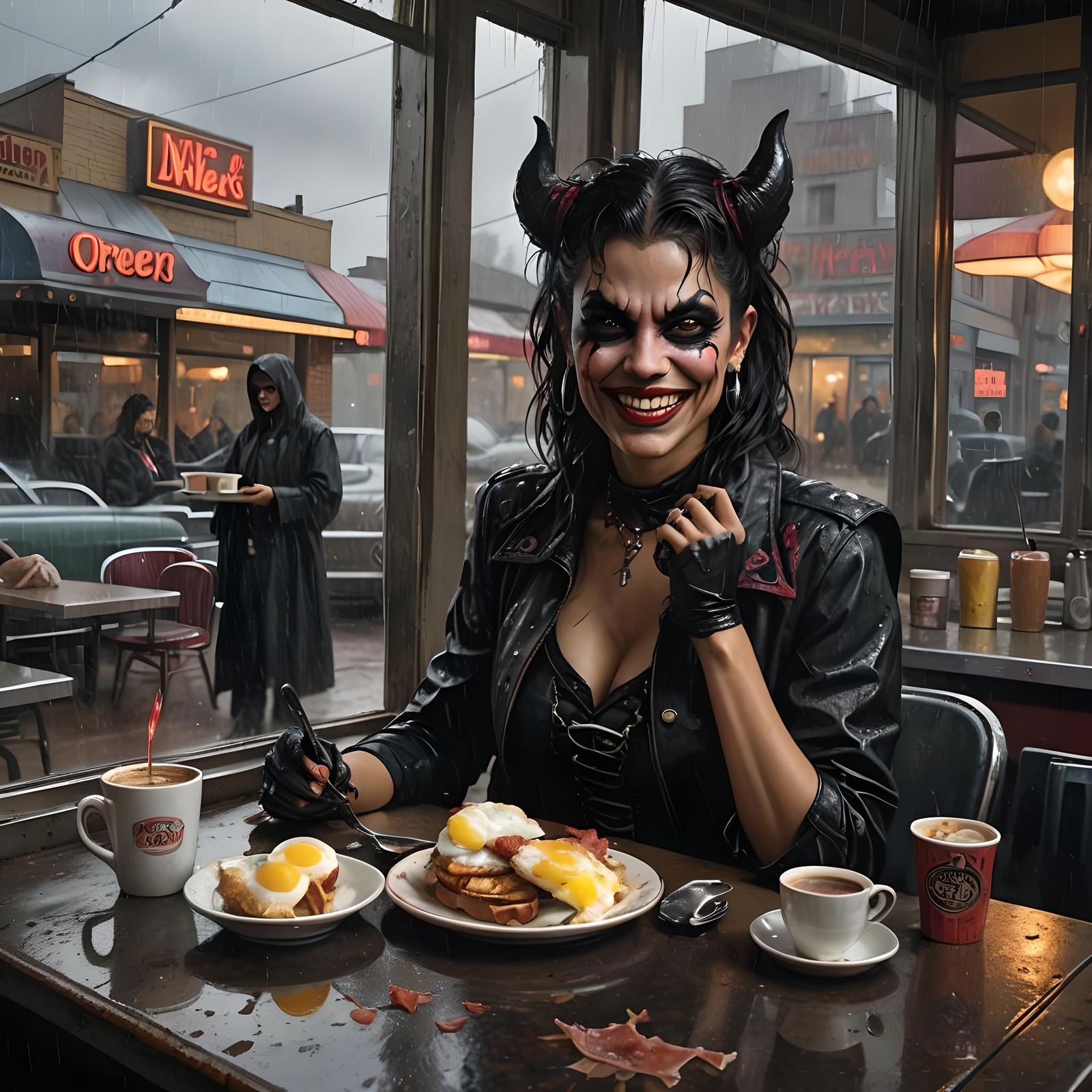 A female demon smiles at you during breakfast on a beautiful rainy day ...