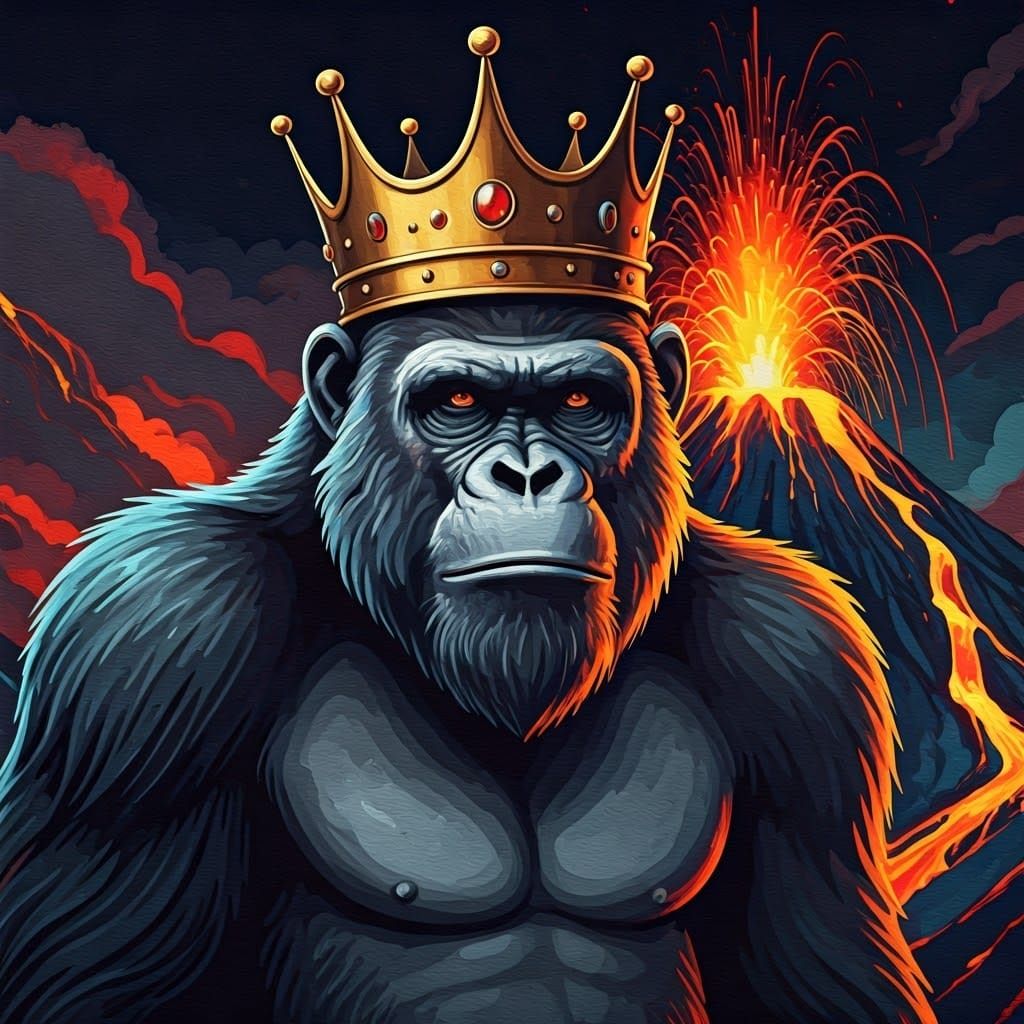 Ape Wearing a Crown with a volcano in the background graffiti art ...