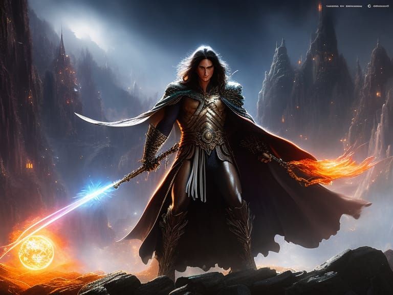 Handsome Wizard Male, with long dark hair, make some magic with a ...