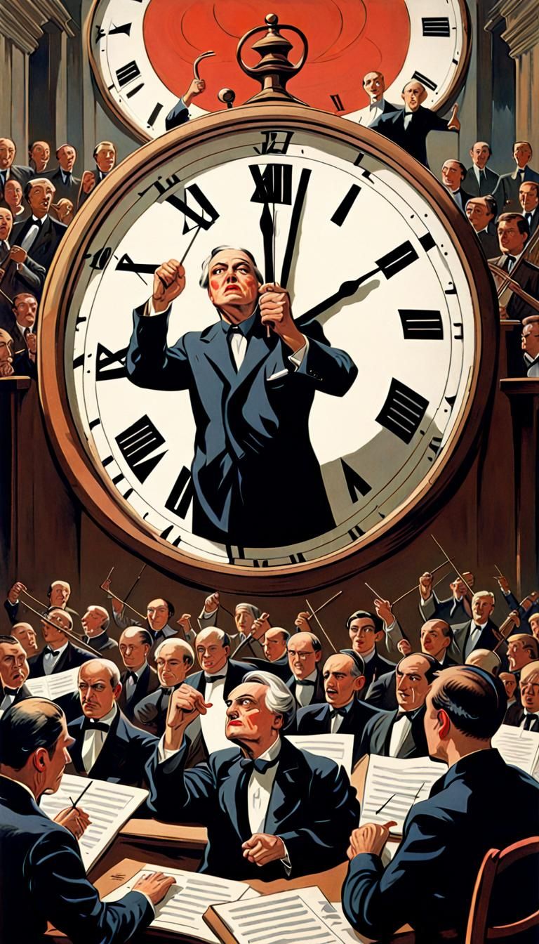 Socialist realism poster a symphony conducted by clock hands