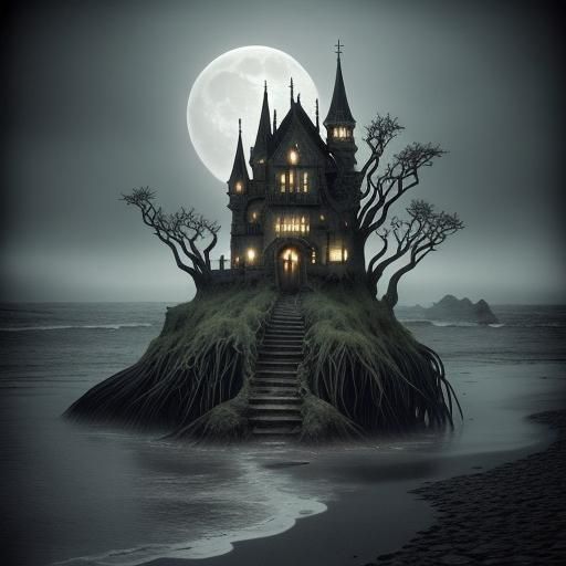 16k resolution, art by Tim Burton, Edward Gorey, gothic island oasis ...