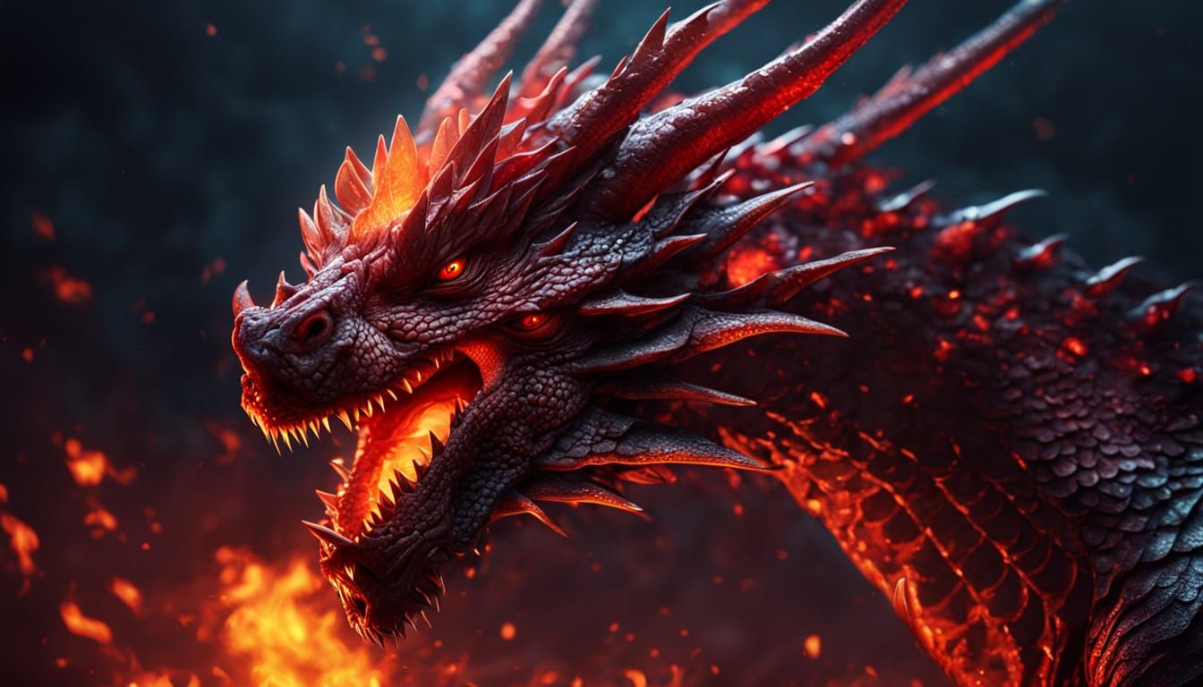 Ultra-Realistic Red Dragon Face with Glowing Scale... - AI Art