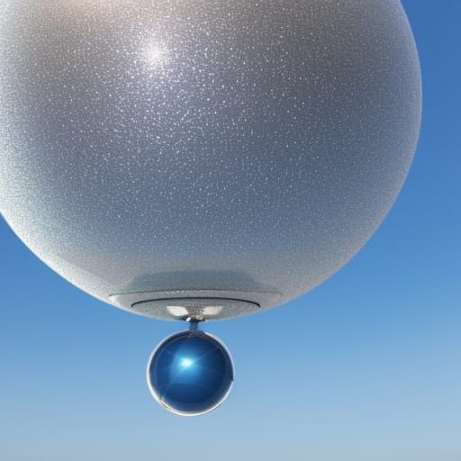 very tiny silver sphere spacecraft flying far away in blue sky sunny ...