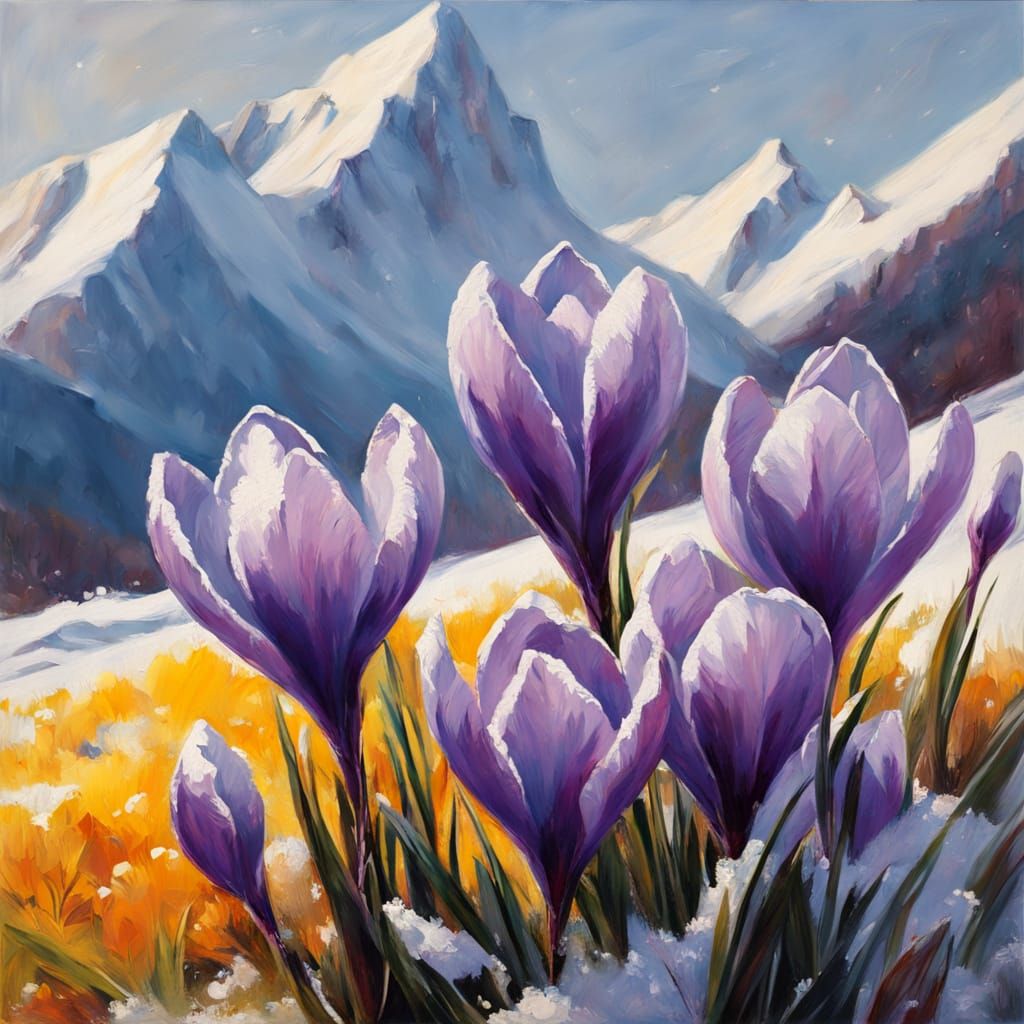 Close-up, bright yellow and purple, realistic crocuses making their way ...