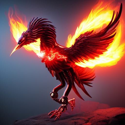 Biomechanical art. Long shot. A robotic phoenix rises from a lake of ...