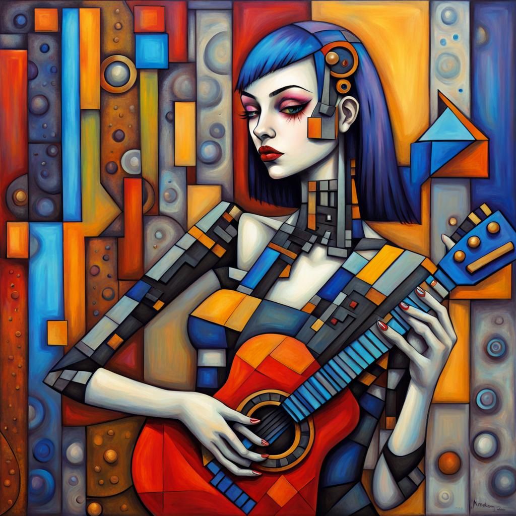 Cyborg girl holding a guitar tetradic colors gothic art steampunk mixed ...