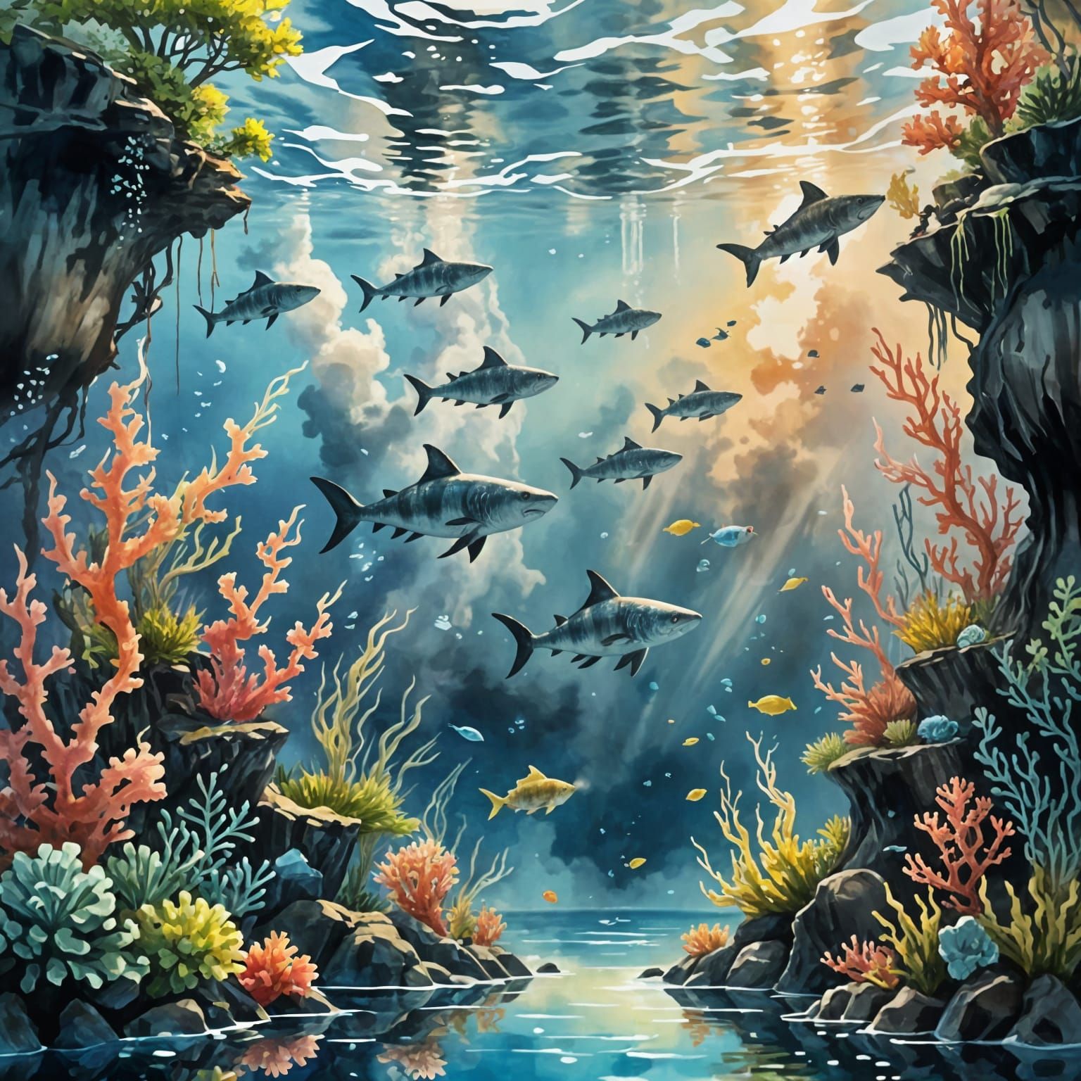 Ink Wash aquarium of cute sharks with intricate bonsai corals and ...