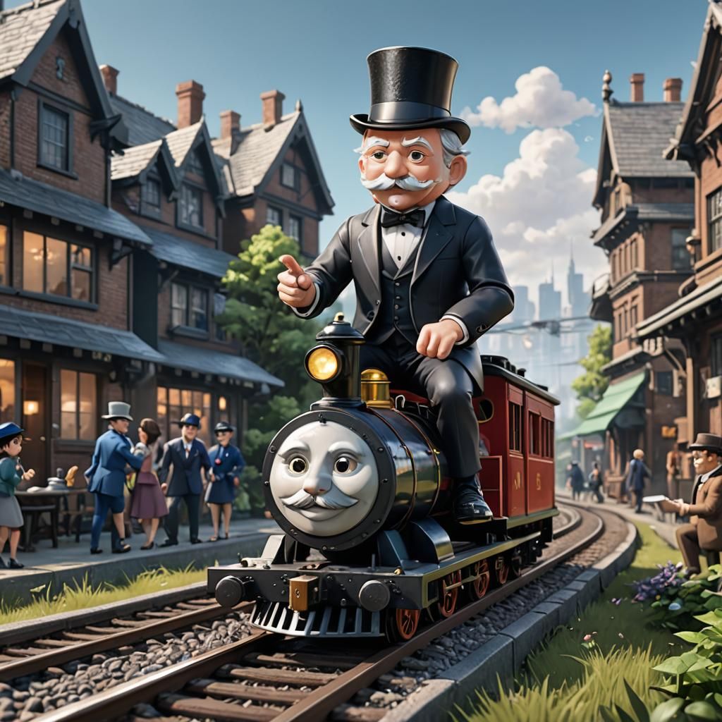 Monopoly Banker riding a miniature Reading Railroad train. - AI ...